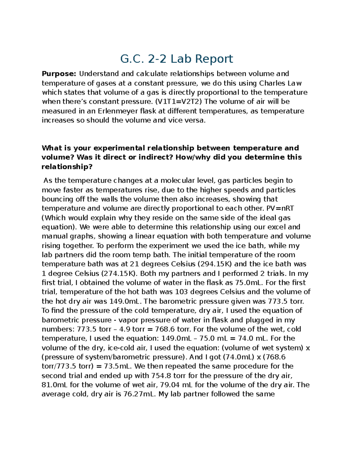 GC2-2 Lab Report: Exploring Charles' Law - Volume & Temperature Relationship - Studocu