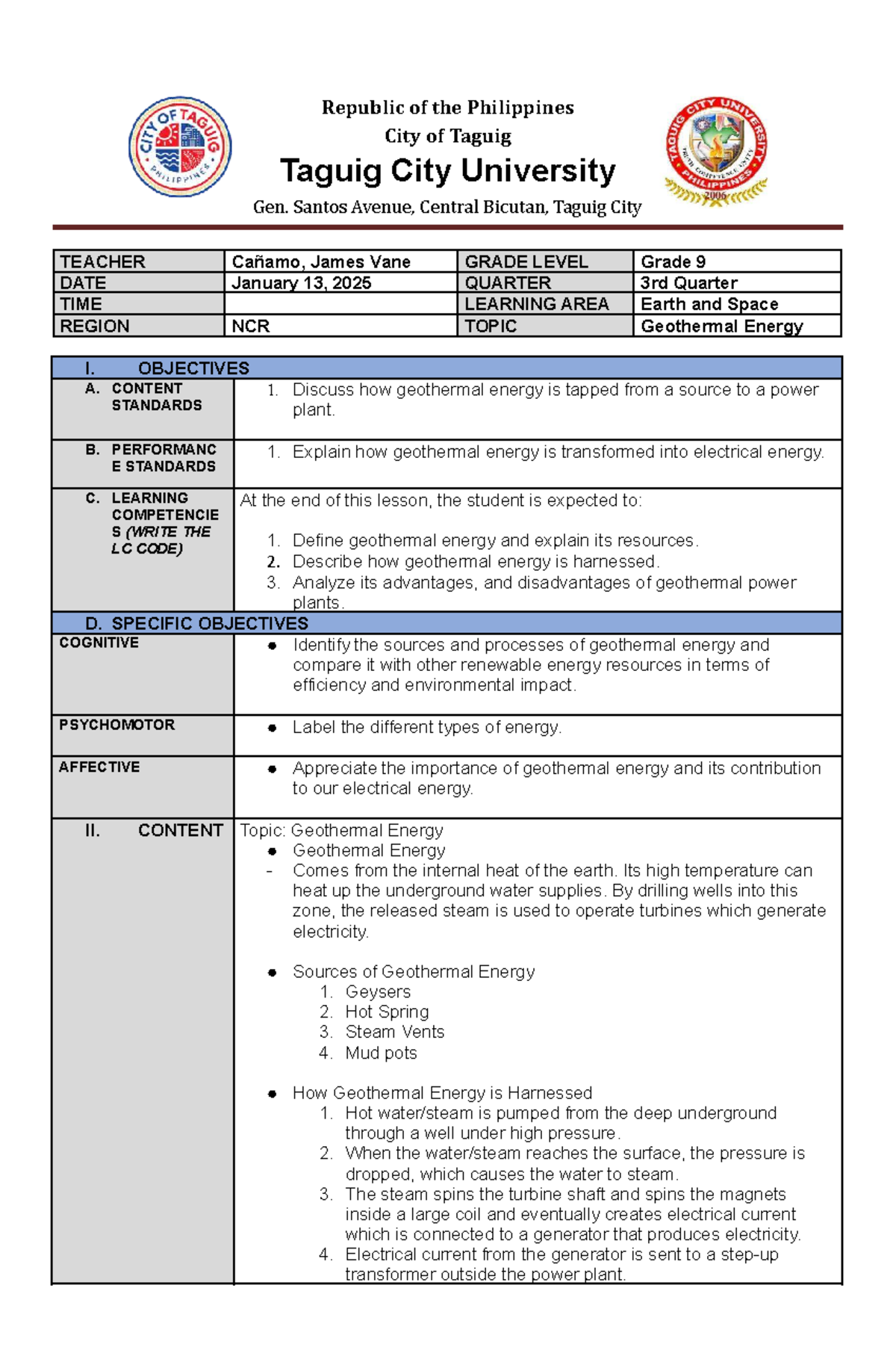 Geothermal Energy Lesson Plan (Grade 9, 3rd Quarter) - Studocu