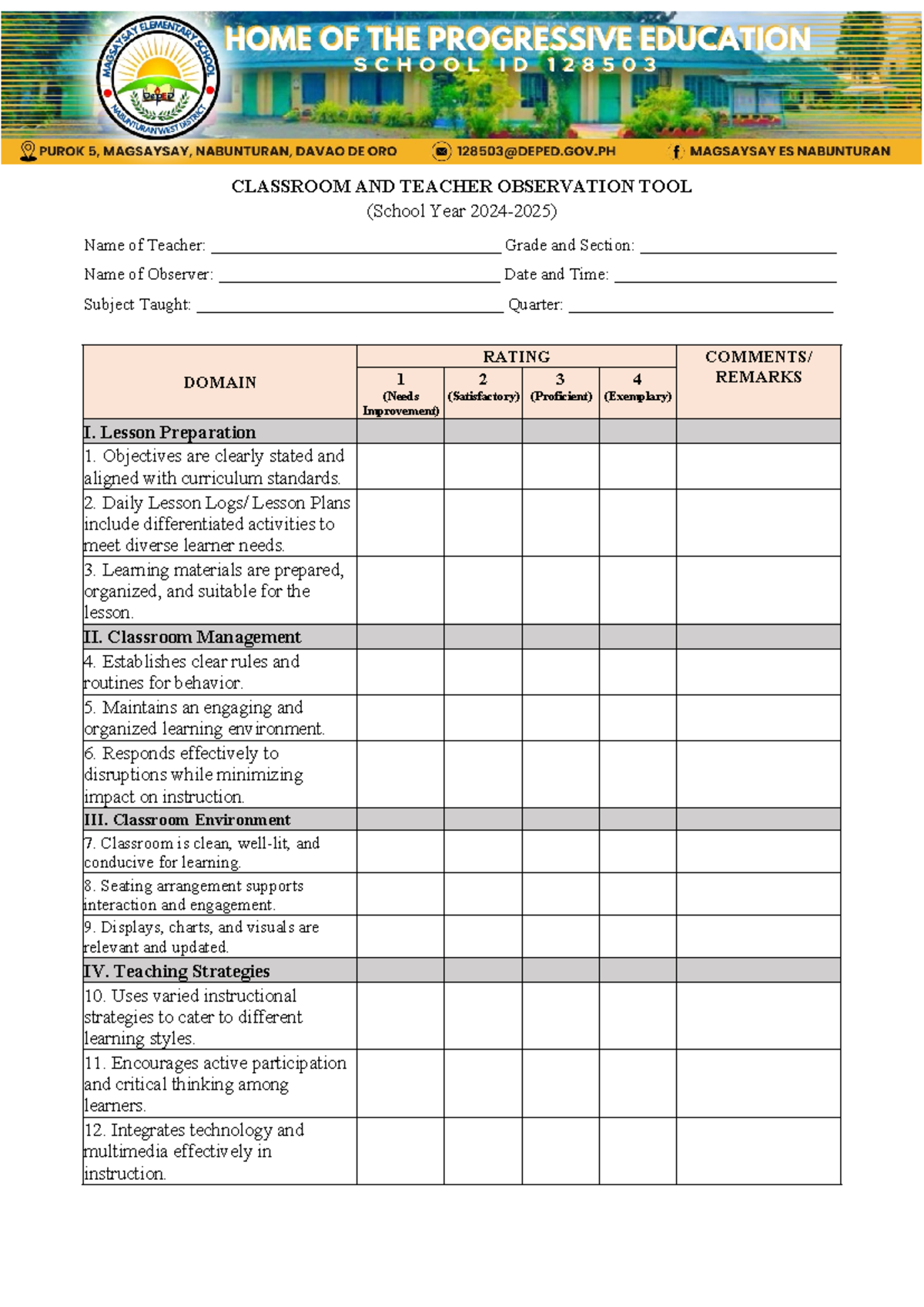 Classroom and Teacher Observation Tool - CLASSROOM AND TEACHER ...