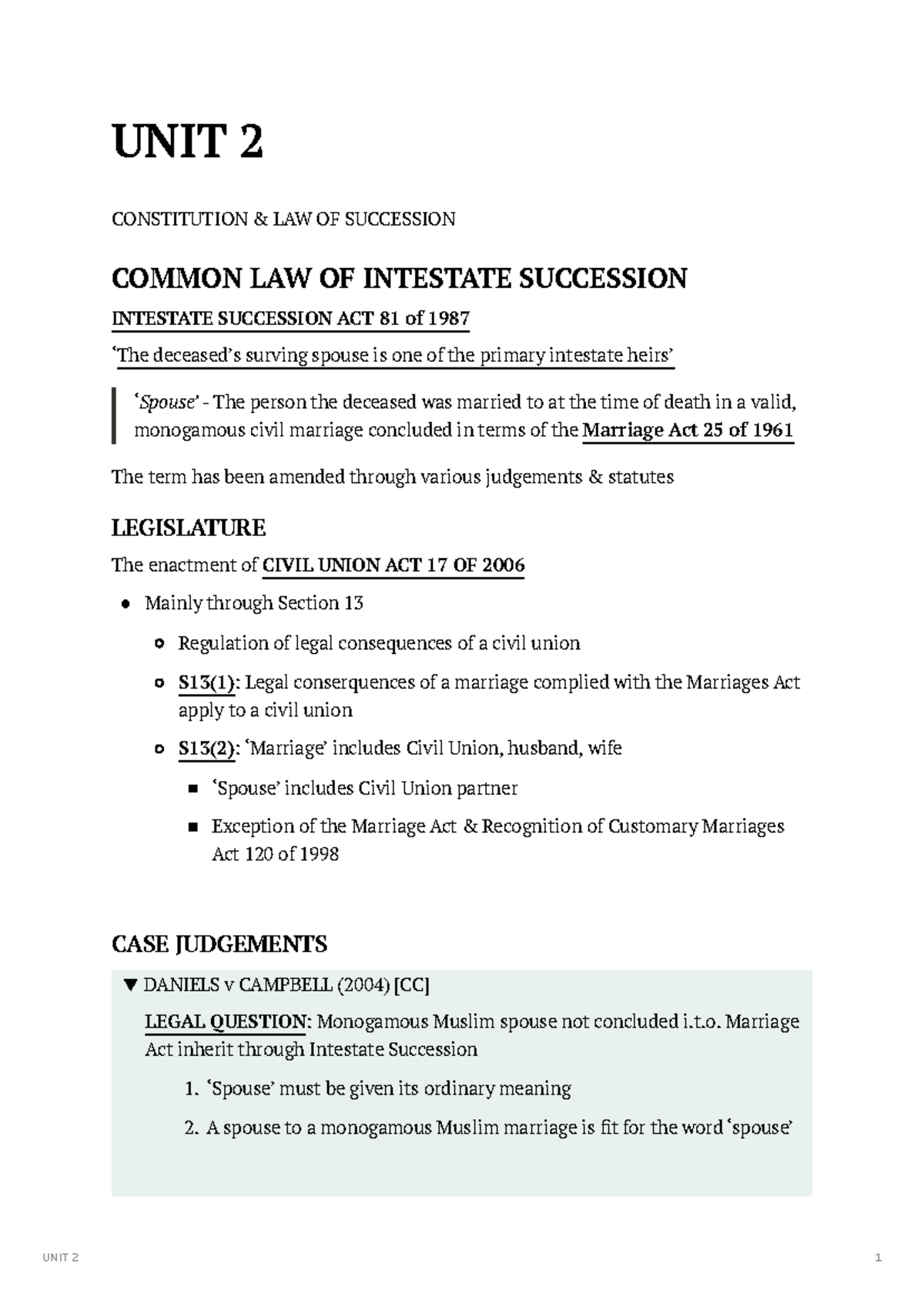 UNIT 2: Constitution & Common Law of Intestate Succession Analysis ...