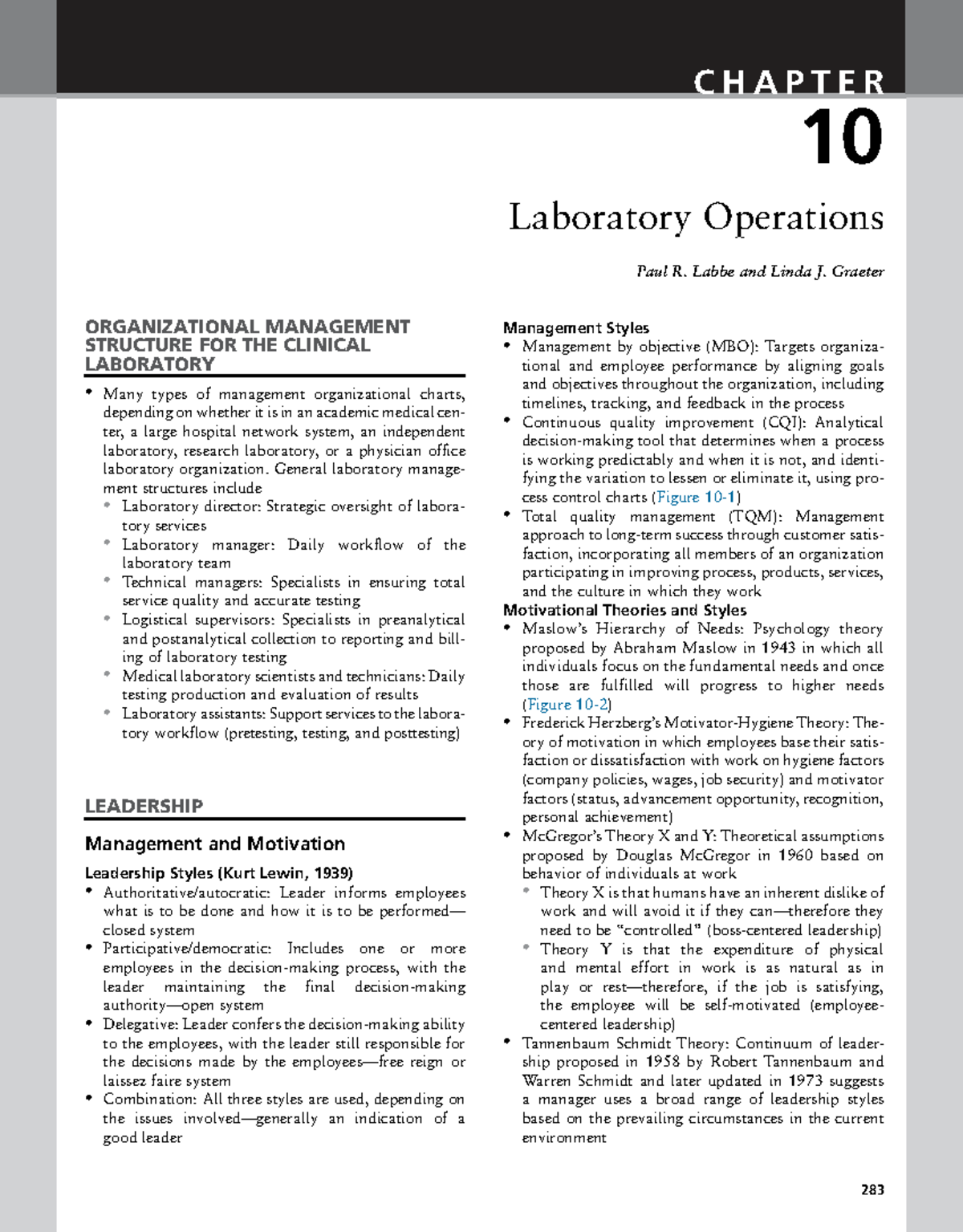 CHAPTER 10 Laboratory Operations: Org Management & Leadership Styles ...