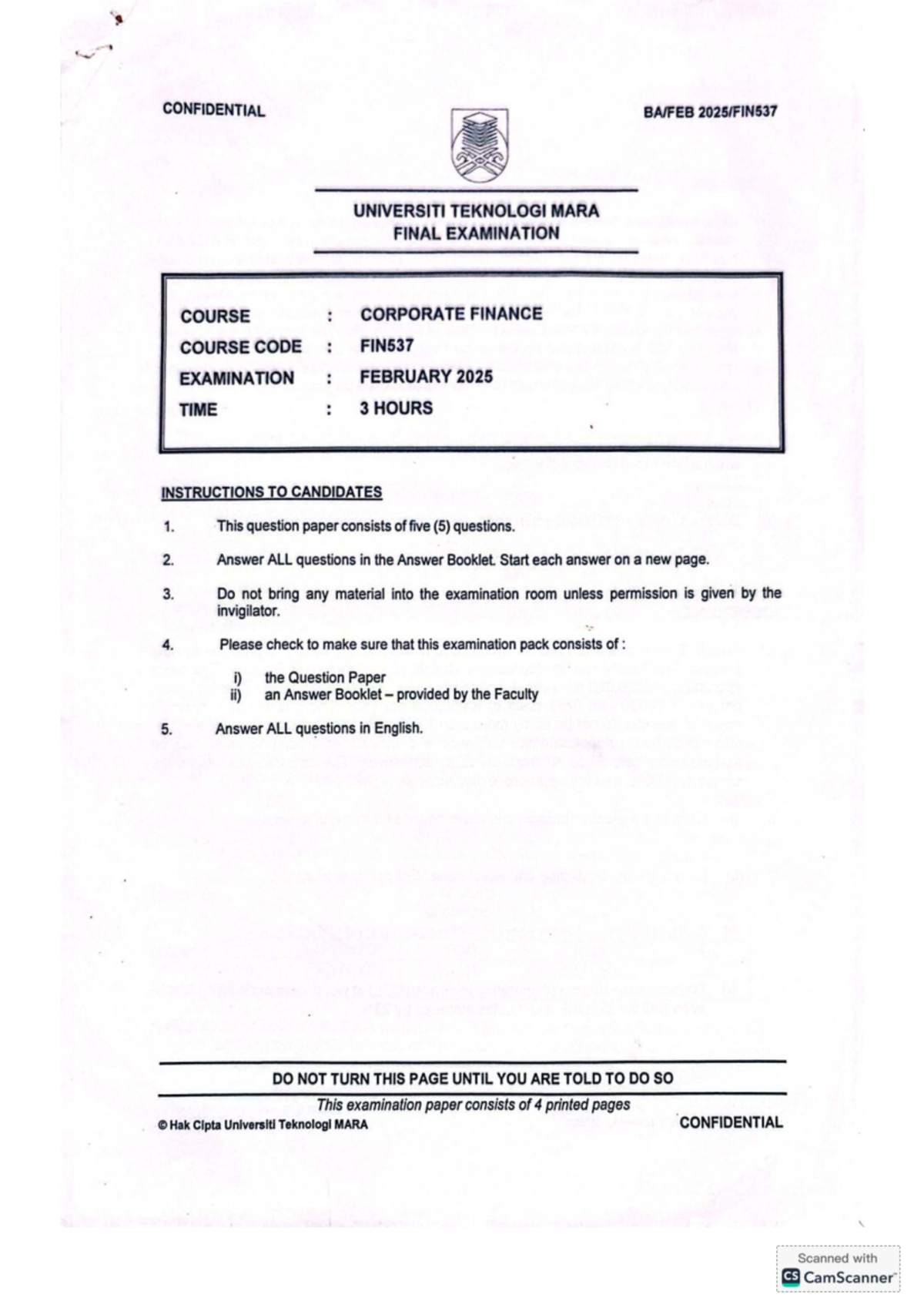 FIN537 Corporate Finance Final Exam Questions - February 2025 - Studocu