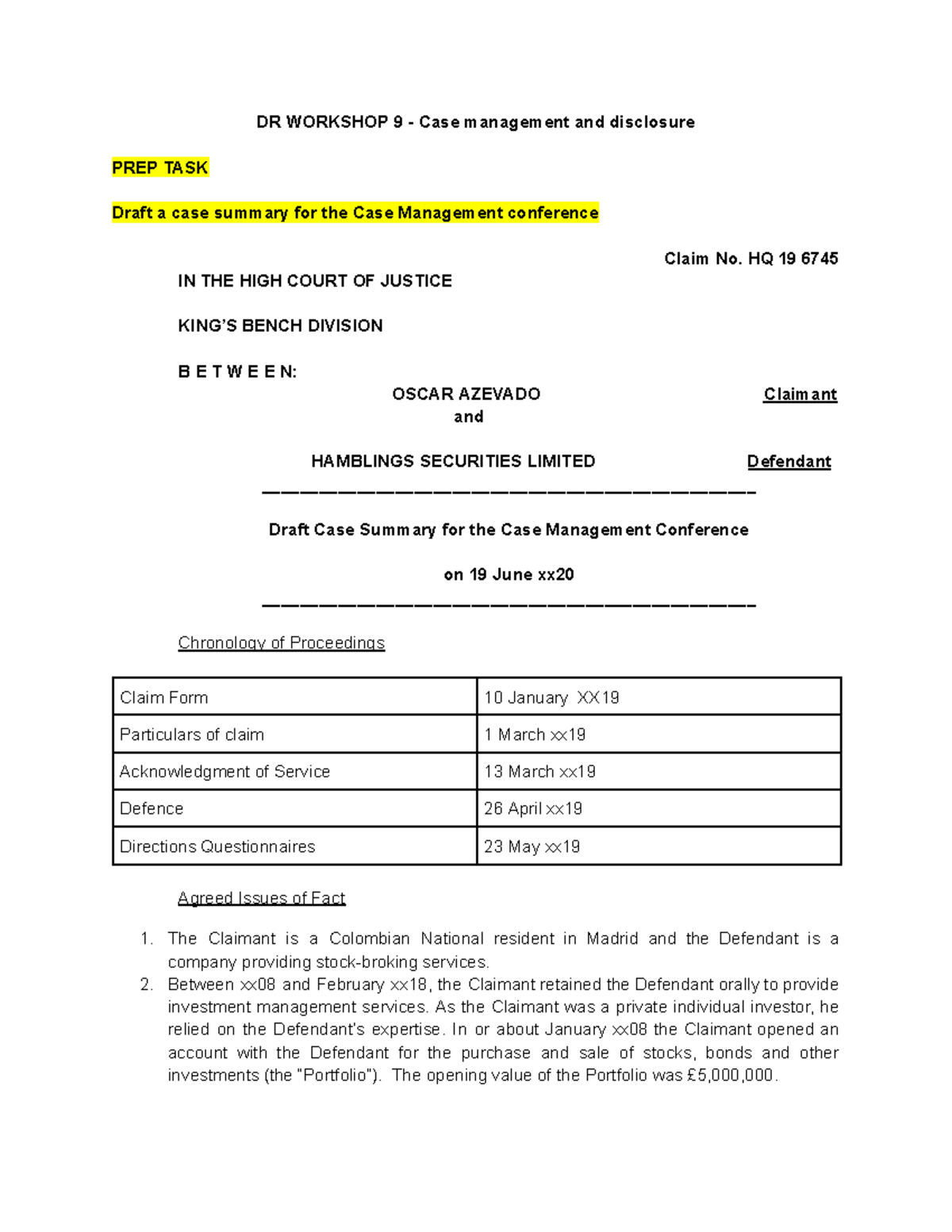 DR WS 9 Case Management Summary for Claim No. HQ 19 6745 - Studocu