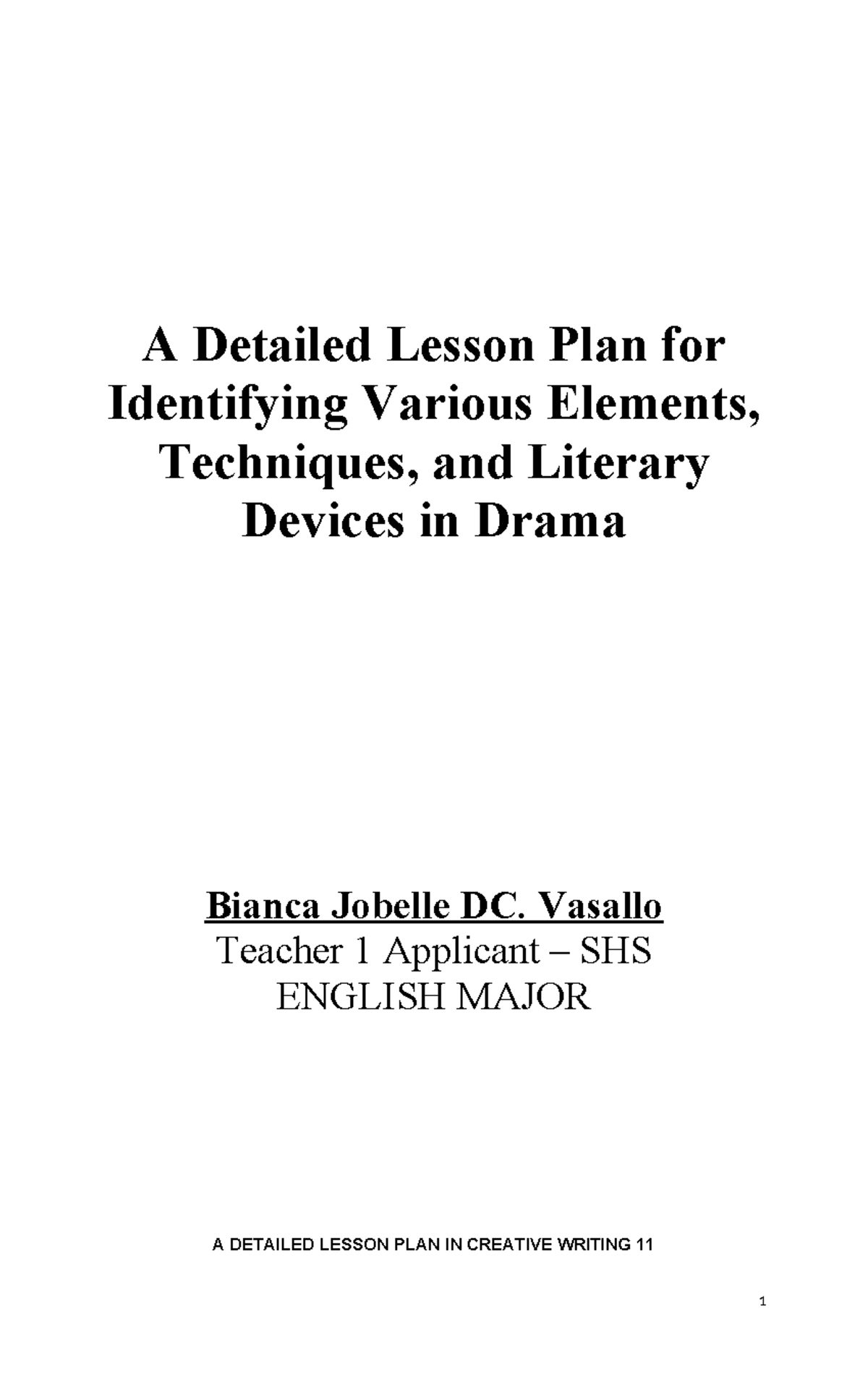 Creative Writing 11 Detailed Lesson Plan: Analyzing Drama Elements ...