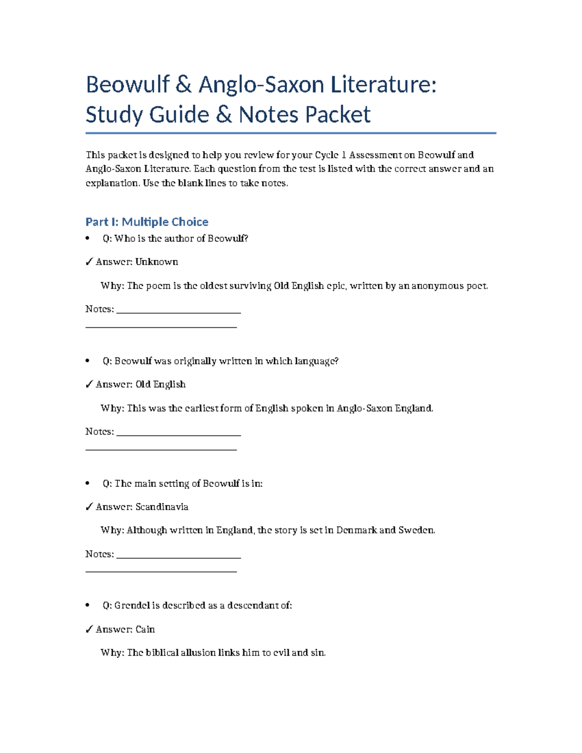 Beowulf (LIT101): Cycle 1 Assessment Study Guide Notes - Studocu