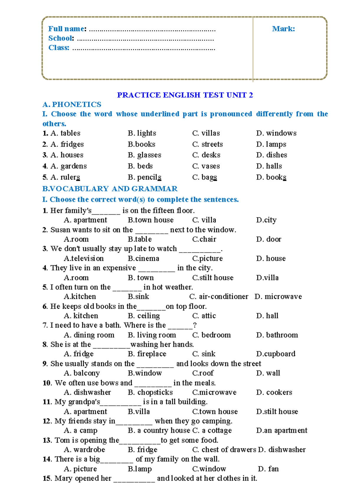 Practice Test - Unit 2: English Phonetics, Vocabulary, and Grammar ...