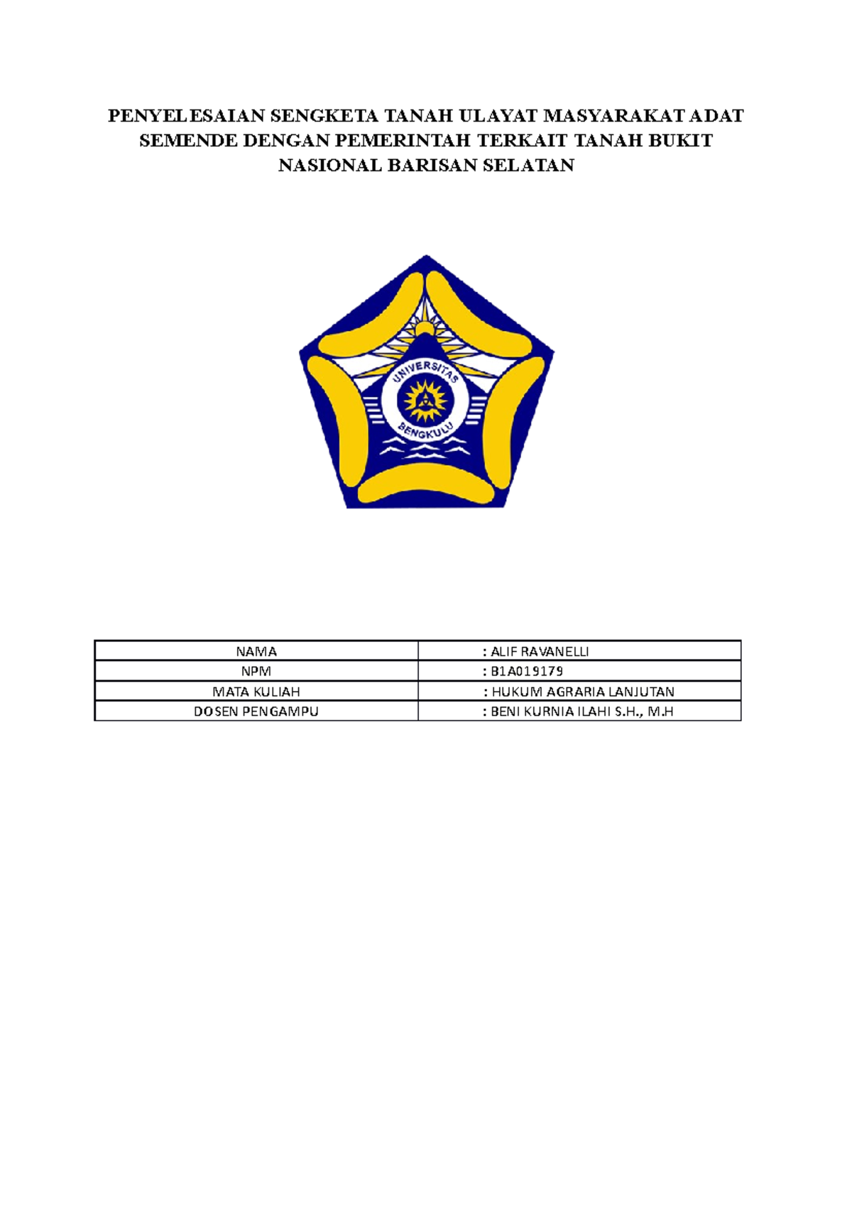Penyelesaian Sengketa Tanah Ulayat Masyarakat ADAT Semende (HUL-223 ...
