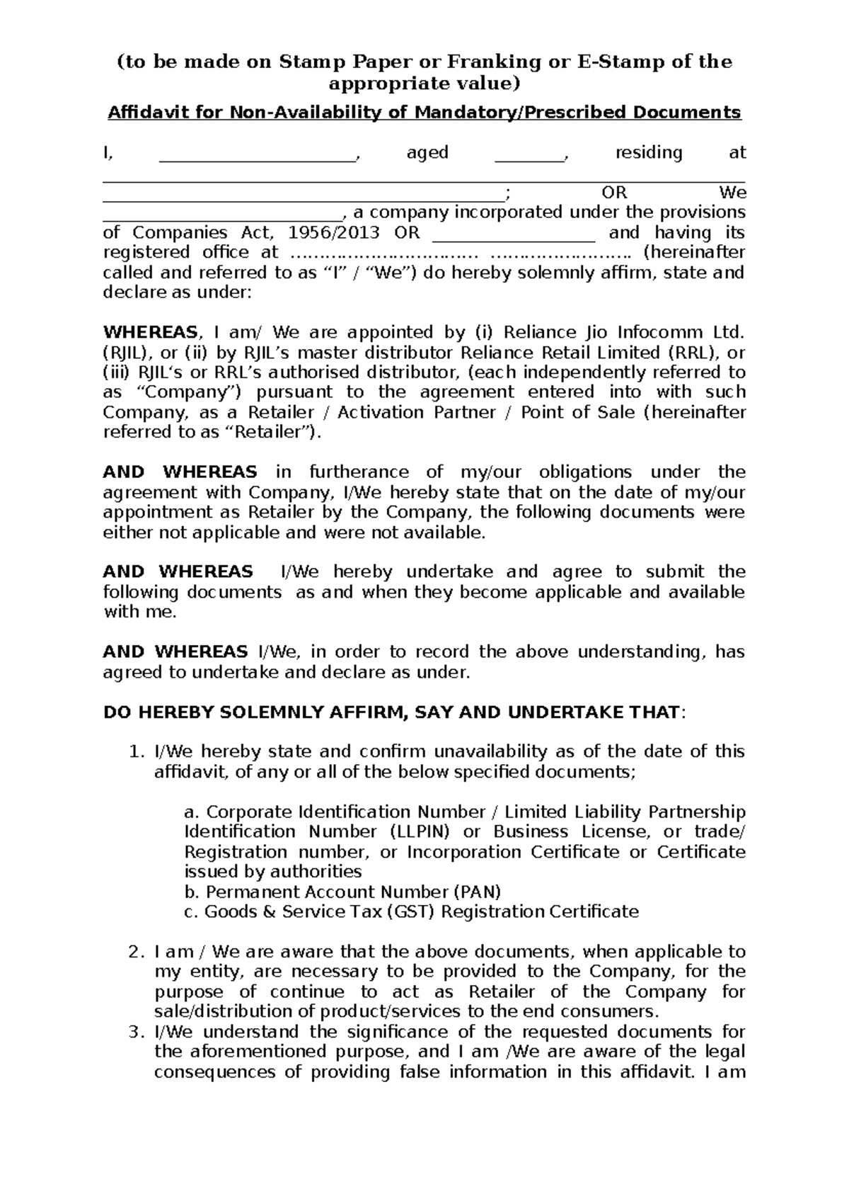 Affidavit for Non-Availability of Documents - New Format (Feb 2024 ...