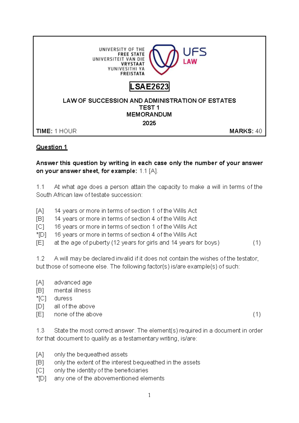 LSAE2623 LAW OF SUCCESSION TEST 1 MEMO 2025 - Studocu