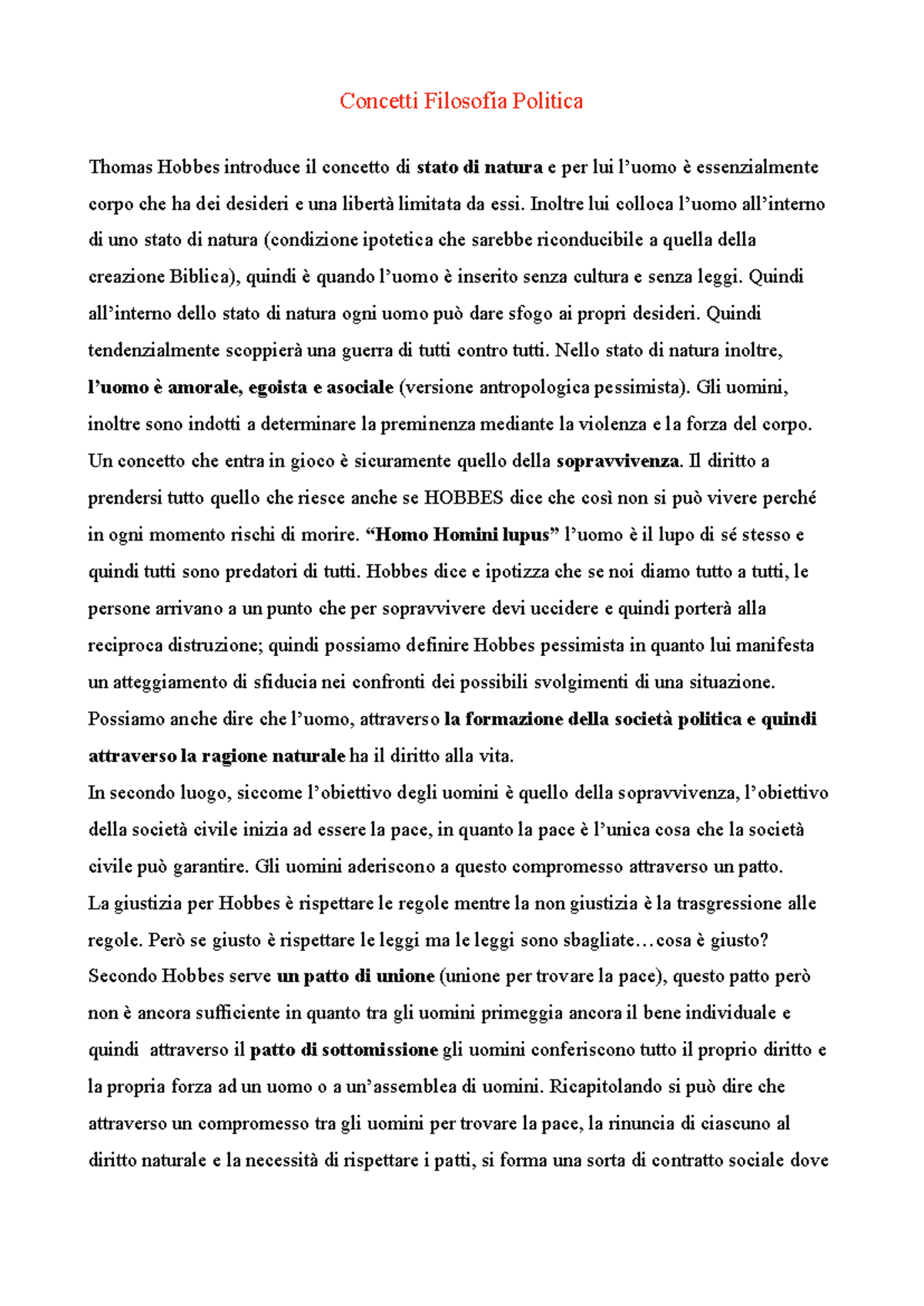 Appunti di Filosofia Politica: Hobbes e il Contratto Sociale - Studocu