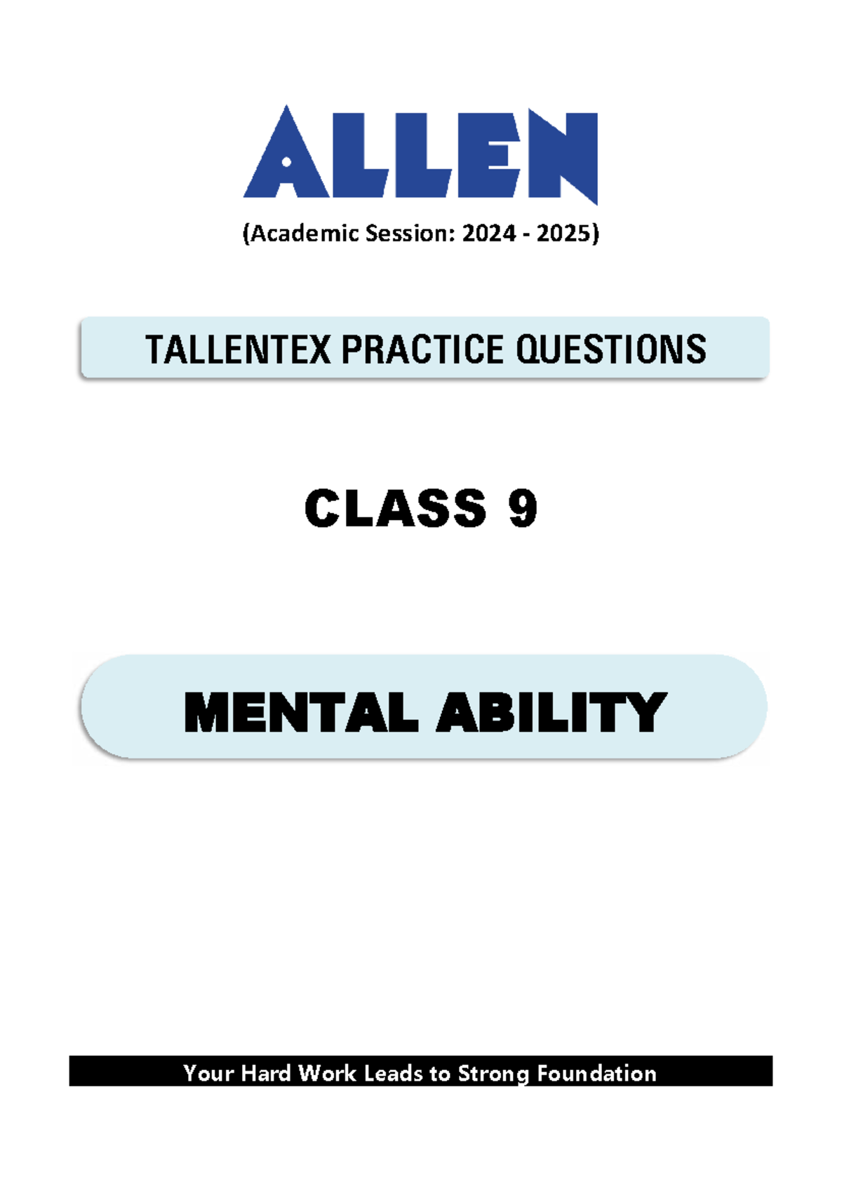 TALLENTEX CLASS 9 MENTAL ABILITY PRACTICE QUESTIONS 2024-2025 - Studocu