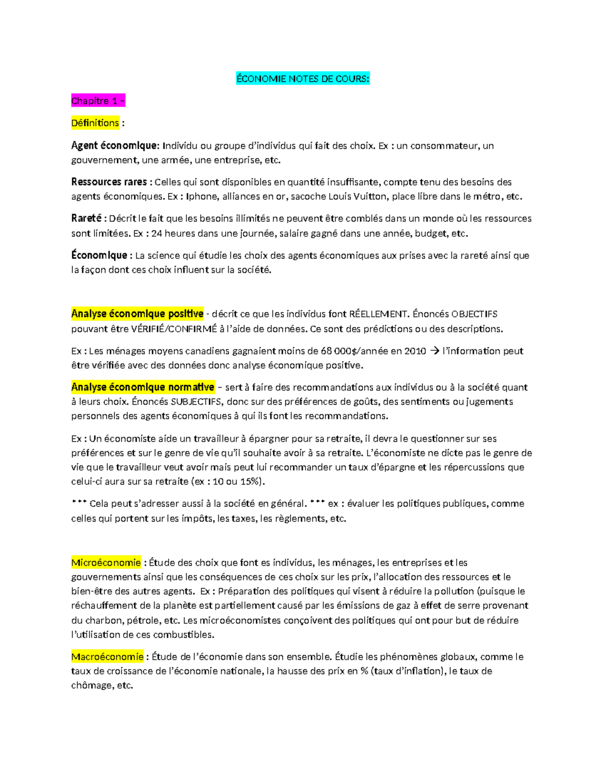 Économie Notes DE Cours - ÉCONOMIE NOTES DE COURS: Chapitre 1 ...