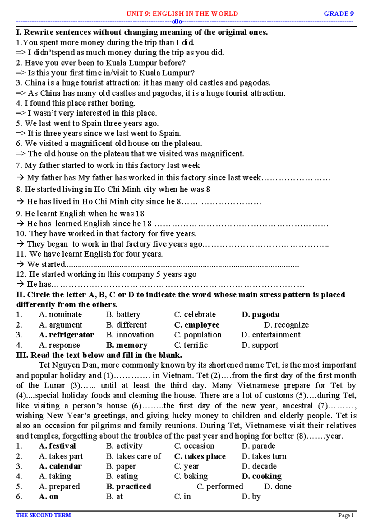 UNIT 9: ENGLISH IN THE WORLD GRADE 9 - Sentence Transformation ...