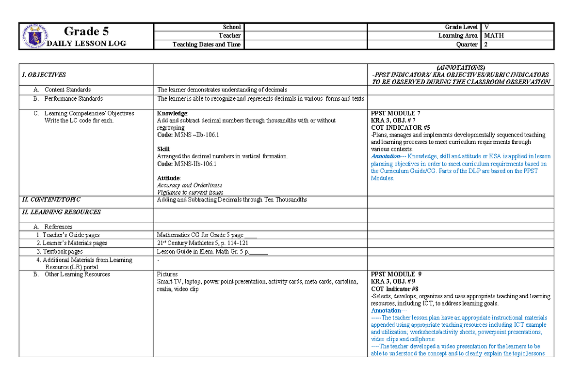 Grade 5 Mathematics Daily Lesson Log: Adding & Subtracting Decimals ...