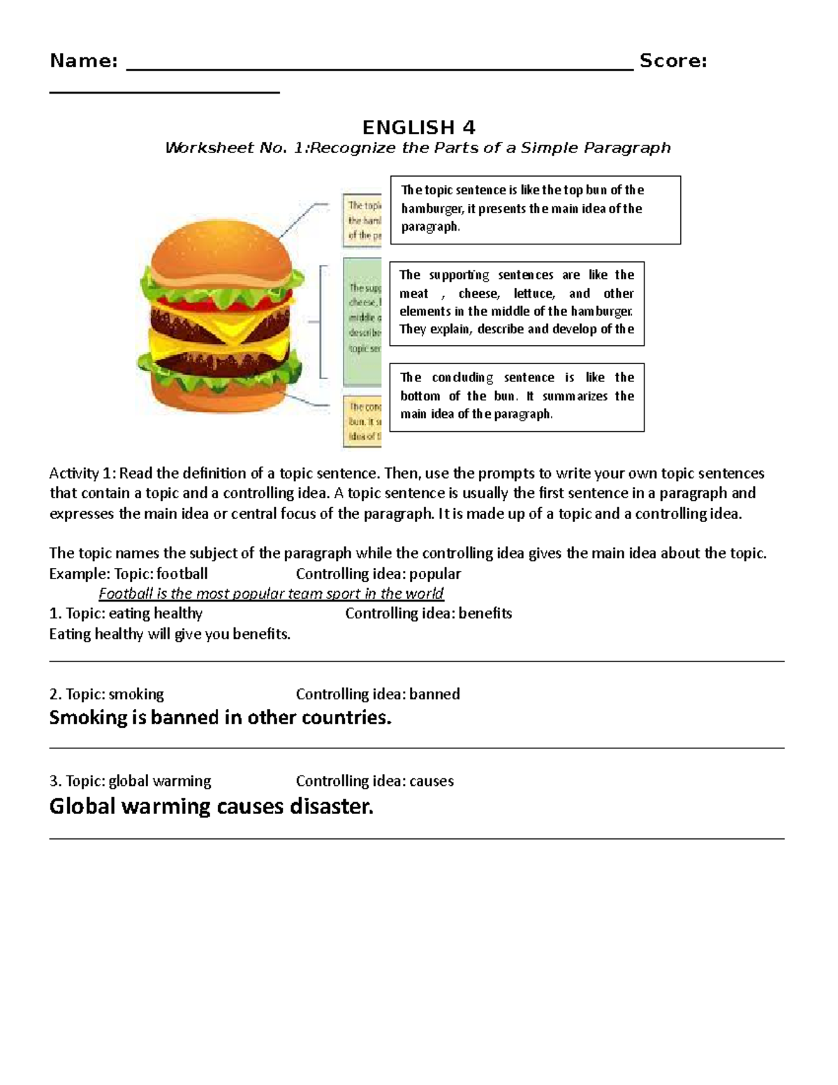 Worksheet No. 1: Recognizing Parts of a Simple Paragraph - ENGLISH 4 ...