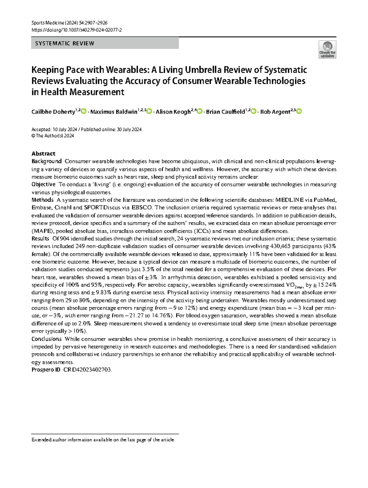 Sports Medicine (2024) Systematic Review: Evaluating Consumer Wearable ...