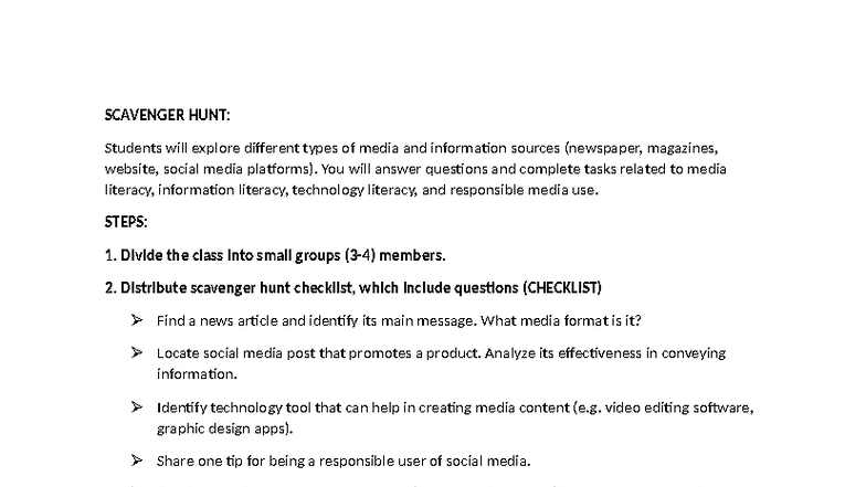 SCAVENGER HUNT: Media Literacy & Information Sources Checklist - Studocu