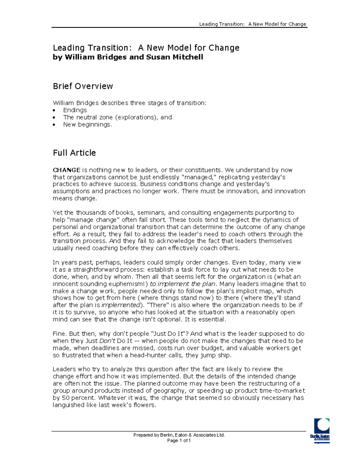 6. Understanding William Bridges' Change and Transition Model - Studocu