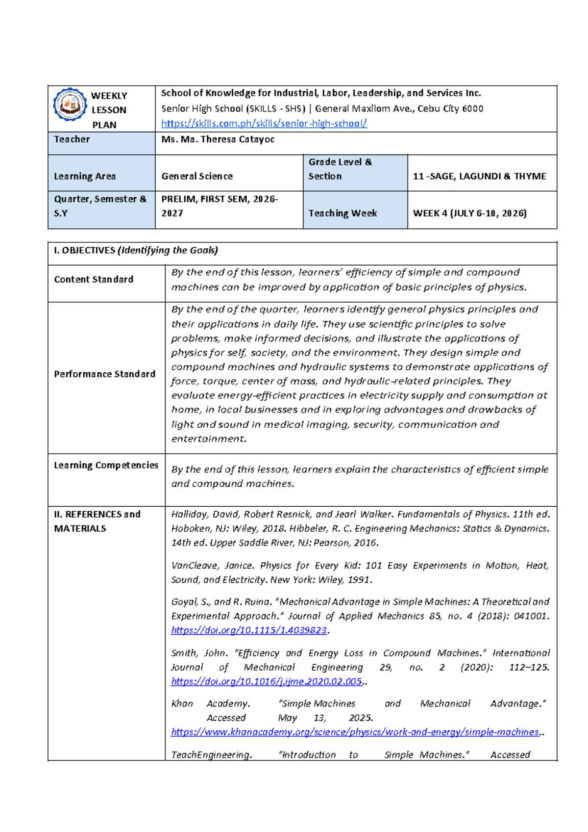 Week 4 General Science Lesson Plan (WLP) for S.Y. 2026-2027 - Studocu