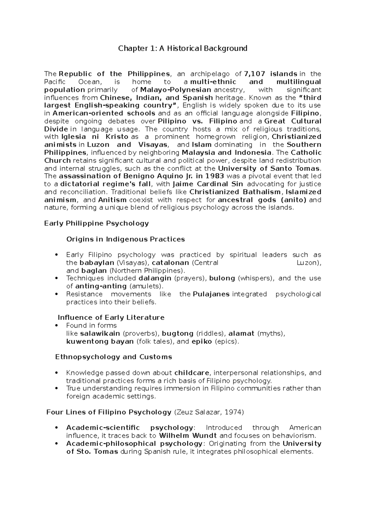 Chapter 1: Historical Context of Filipino Psychology and Culture - Studocu