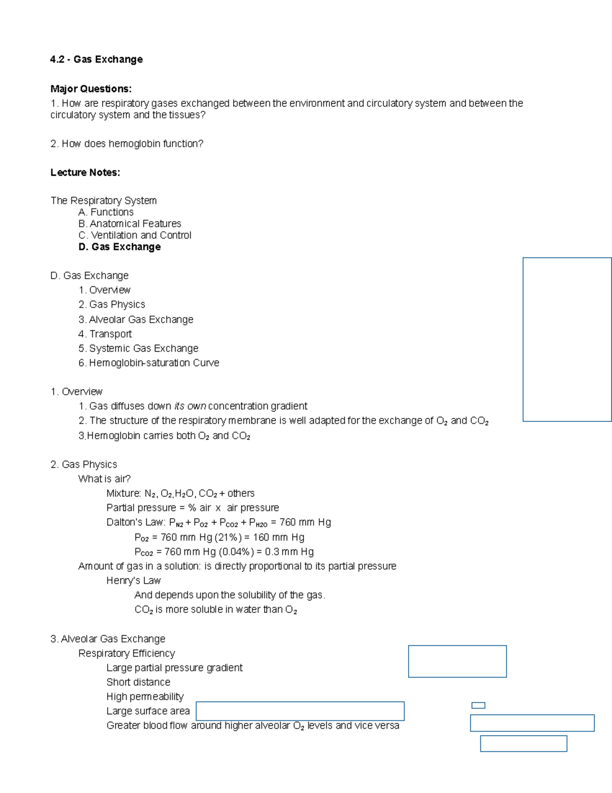 4.2 - Gas Exchange (Notes) - 4 - Gas Exchange Major Questions: How are ...