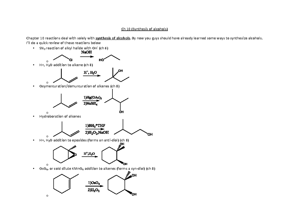 Ch 10 Organic Chemistry: Synthesis of Alcohols Reaction Notes - Studocu