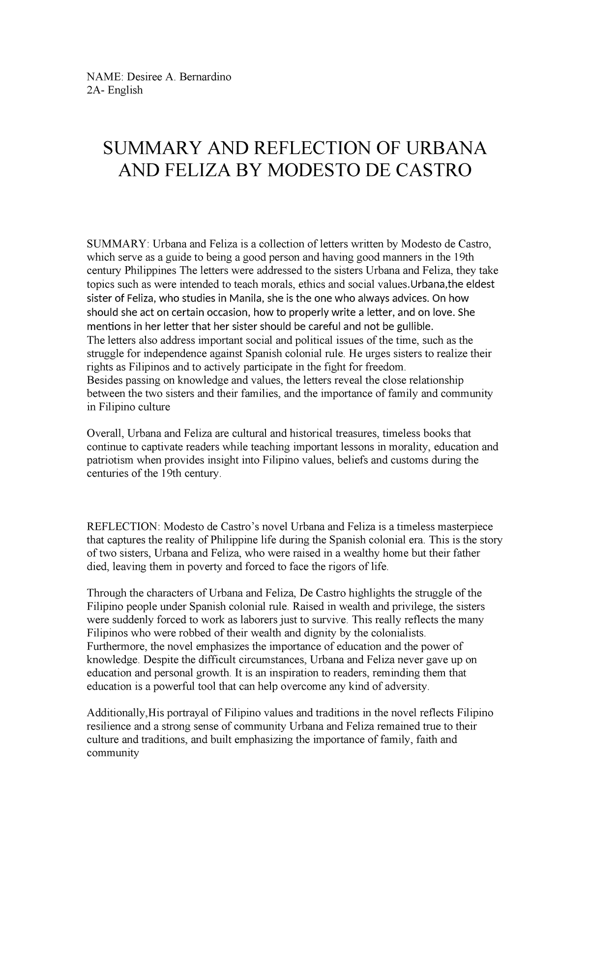 U2A - Urbana and Feliza: Summary and Reflection Notes - Studocu