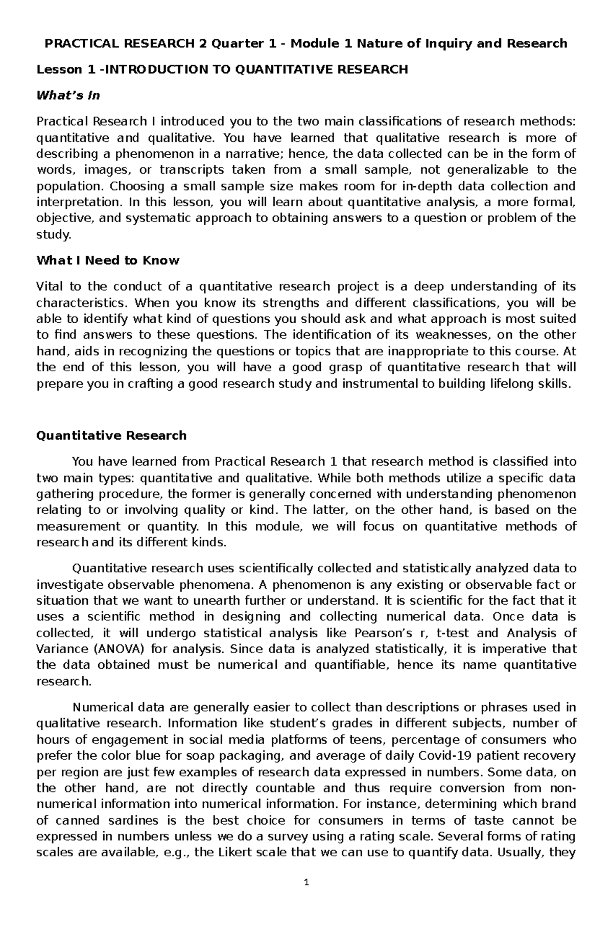 PR 2 Q1 Lecture Notes: Introduction to Quantitative Research - Studocu