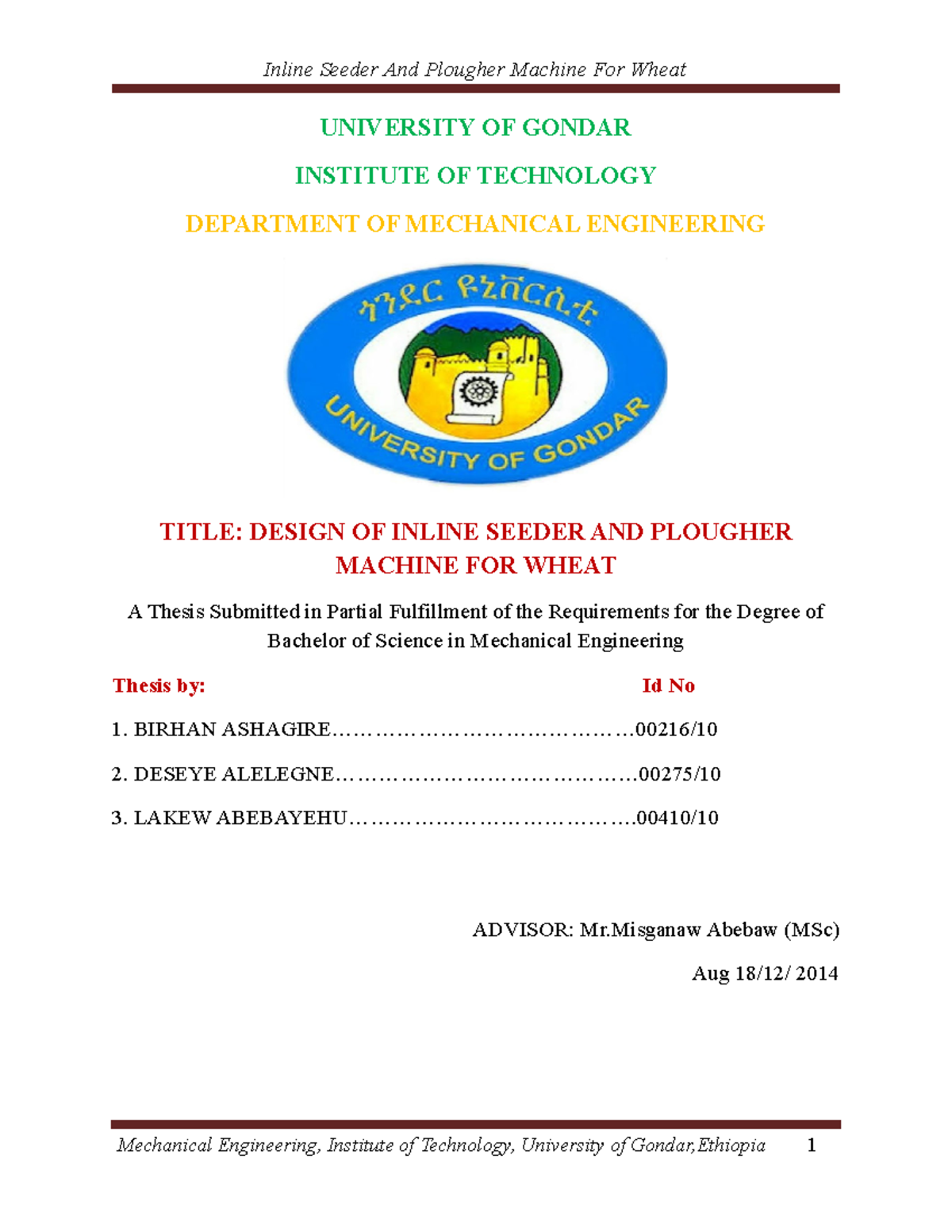 Final thesis 19 - UNIVERSITY OF GONDAR INSTITUTE OF TECHNOLOGY ...