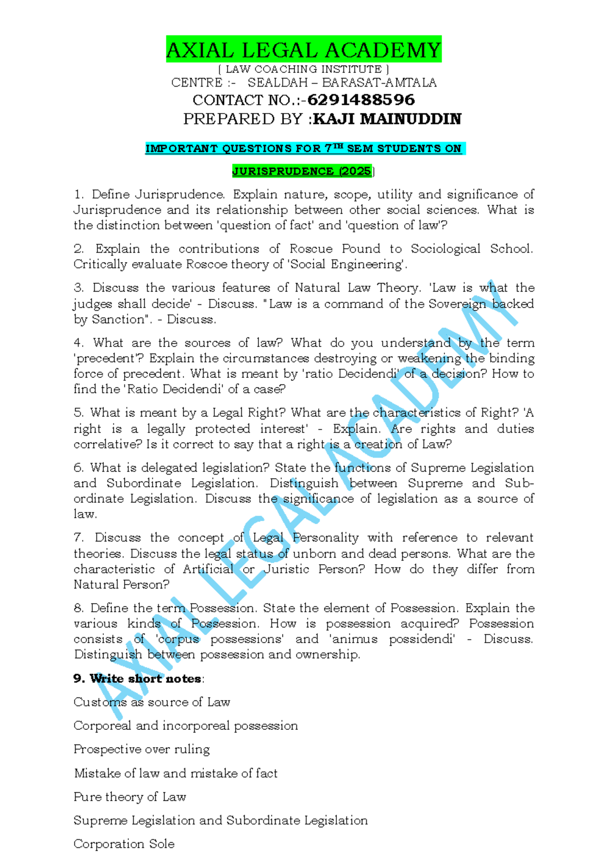 Jurisprudence Important Questions for 7th Sem - ALA KAJI SIR - Studocu