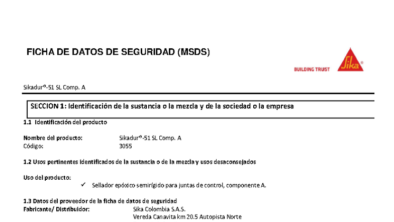 Ficha de Datos de Seguridad (MSDS) - Co-hs-sikadur-51-sl-comp-a - Studocu