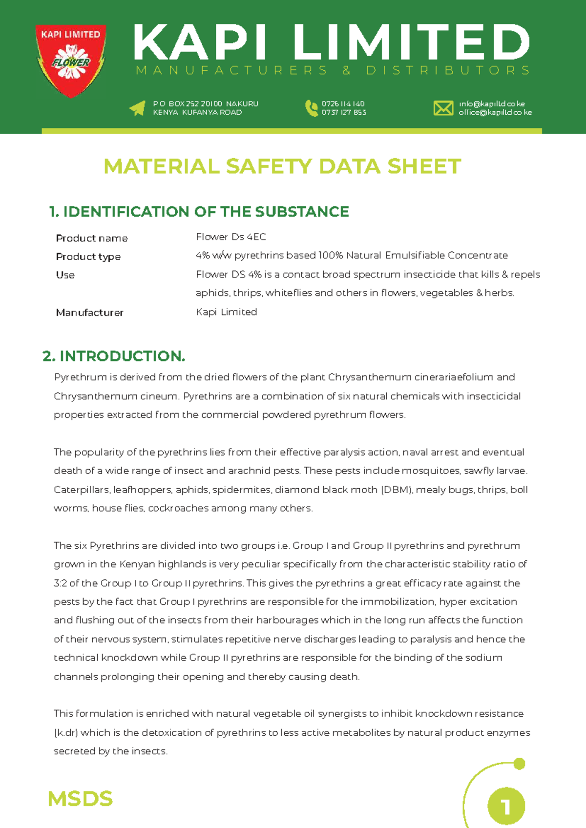 KAPI 2021 Flower DS 4EC Material Safety Data Sheet (MSDS) - Studocu