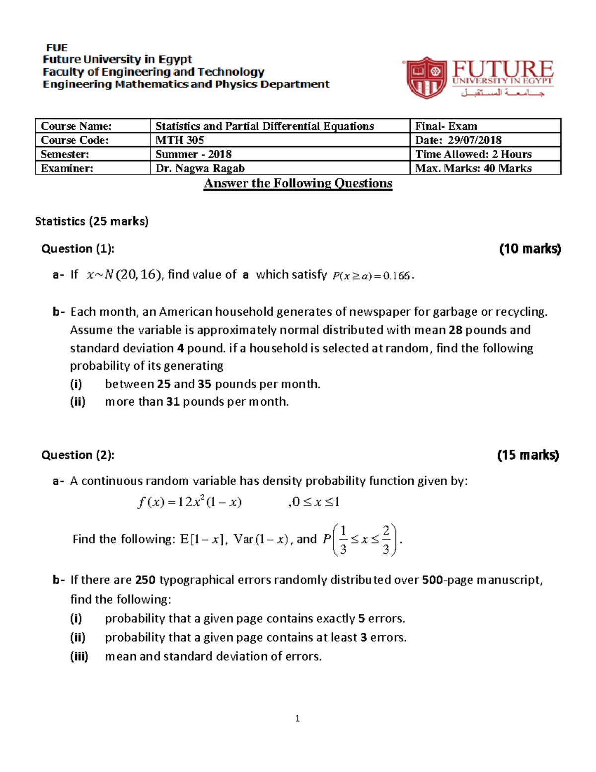 MTH 305 Final Exam: Statistics & PDE Practice Exercises - Studocu