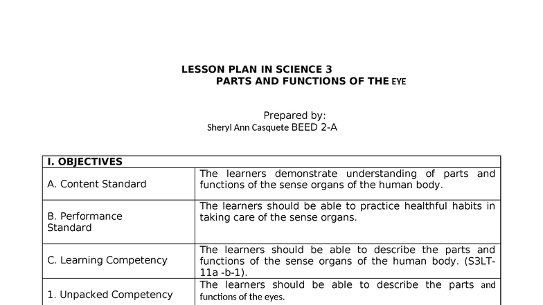 LESSON PLAN IN SCIENCE 3: PARTS & FUNCTIONS OF THE EYE - Studocu