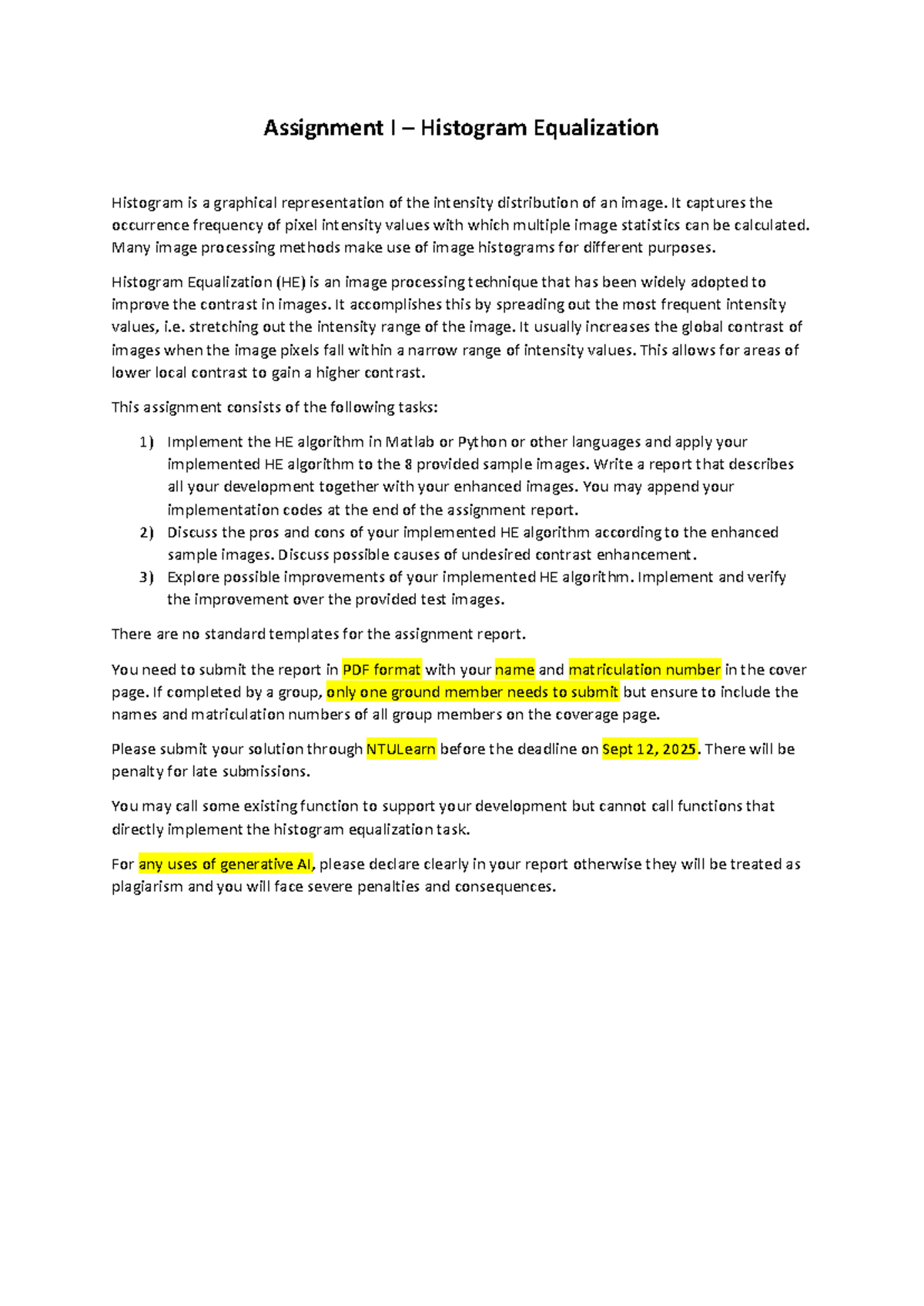 Assignment I - Histogram Equalization Techniques (2025) - Studocu