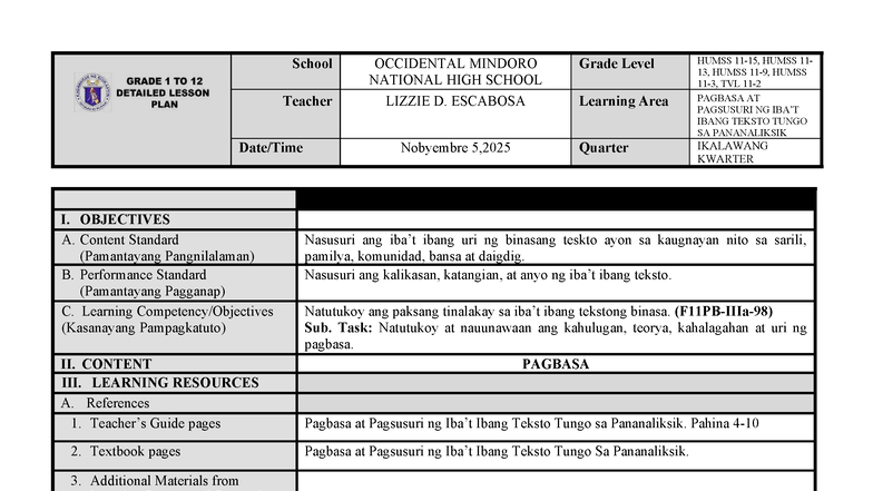 HUMSS 2nd Quarter Lesson Plan: Pagbasa at Pagsusuri ng Ibang Teksto ...