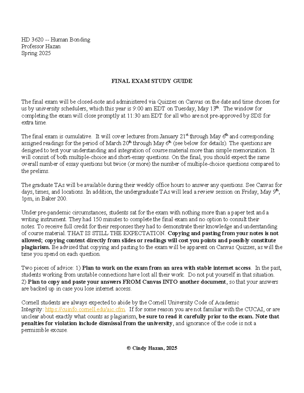 HD 3620 Human Bonding Spring 2025 Final Exam Study Guide - Studocu