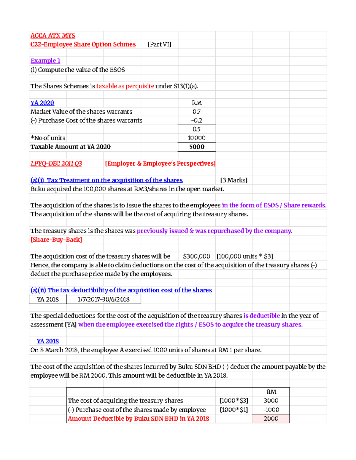 ACCA ATX MYS ESOS Tax Treatment & Computation Example 1 - Studocu