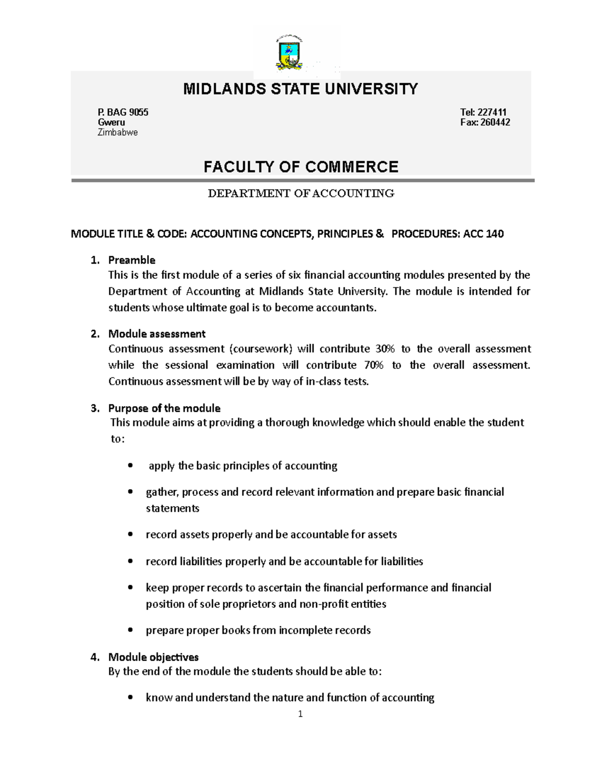 ACC 140 Module Outline: Key Accounting Concepts & Principles - Studocu