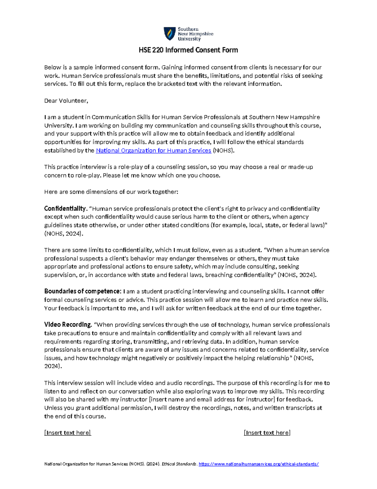 HSE 220 Sample Informed Consent Form for Practice Interviews - Studocu