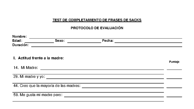 Test de Sacks: Protocolo de Evaluación y Corrección - Studocu