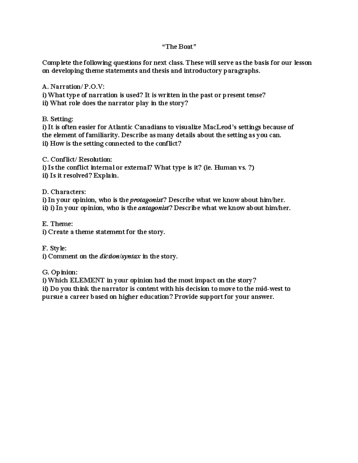 The Boat questions - the boat - “The Boat” Complete the following ...