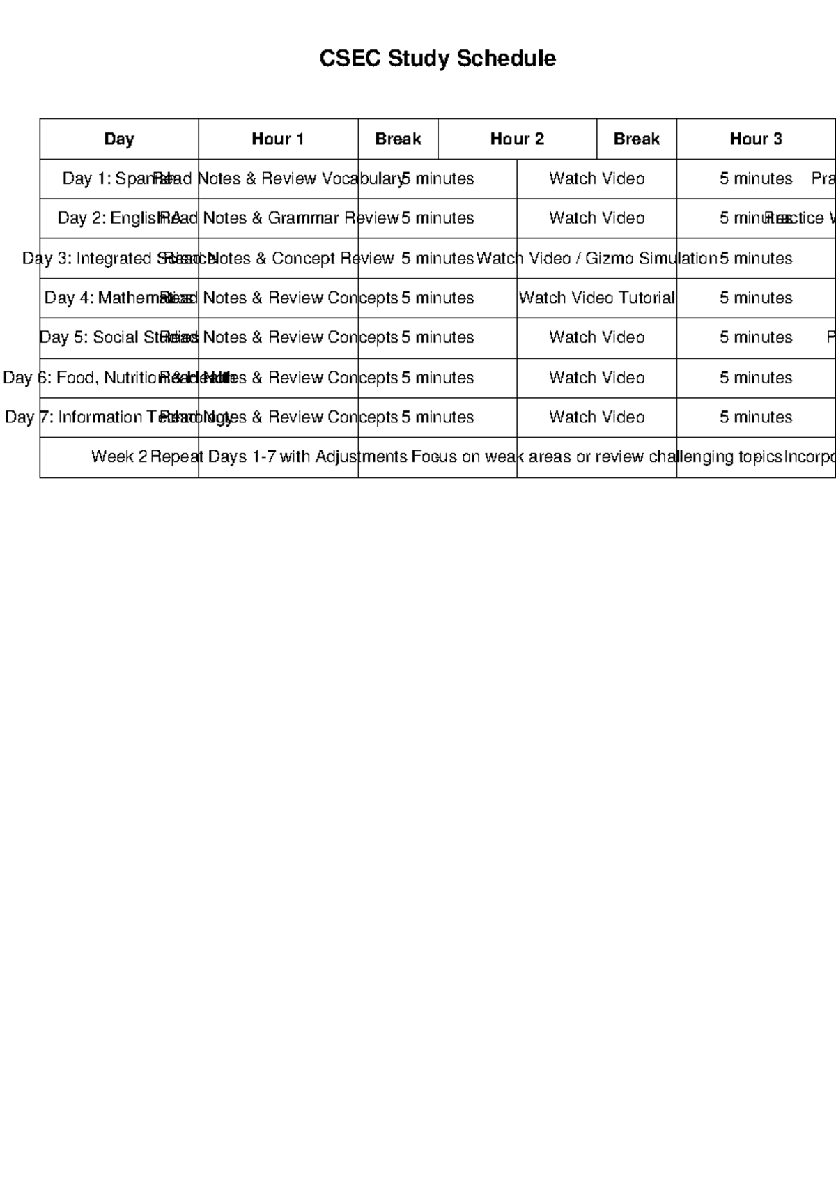 CSEC study schedule: daily breakdown and review plan - Studocu