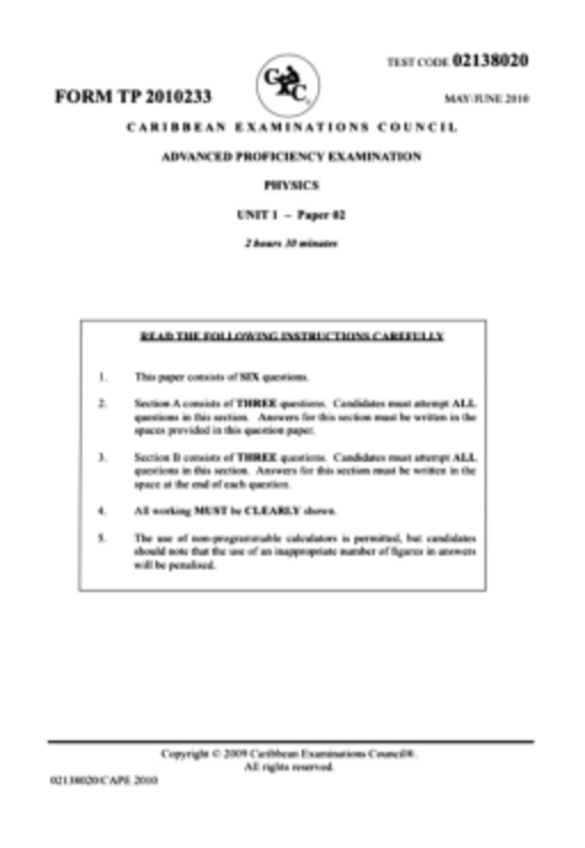 CAPE Unit 1 2010 - past paper - TEST CODE 02) 38020 FORM TP 2010233 ...