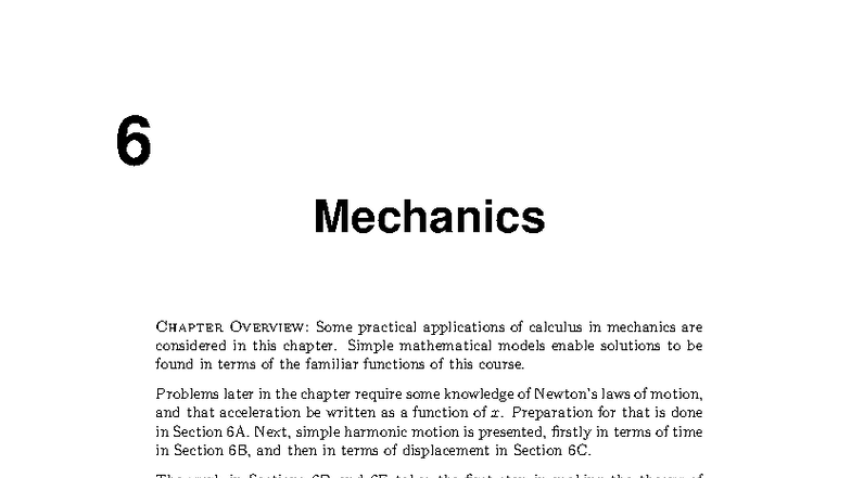 Chapter 6 Mechanics Overview: Applications of Calculus in Motion - Studocu
