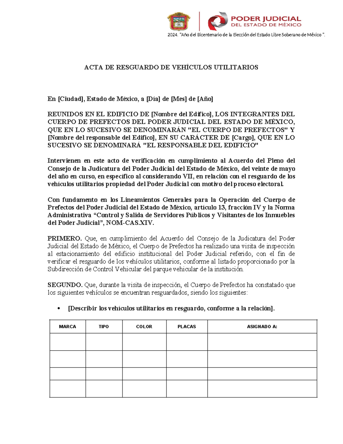 ACTA DE Resguardo DE Vehículos Utilitarios - 2024. "Año del ...