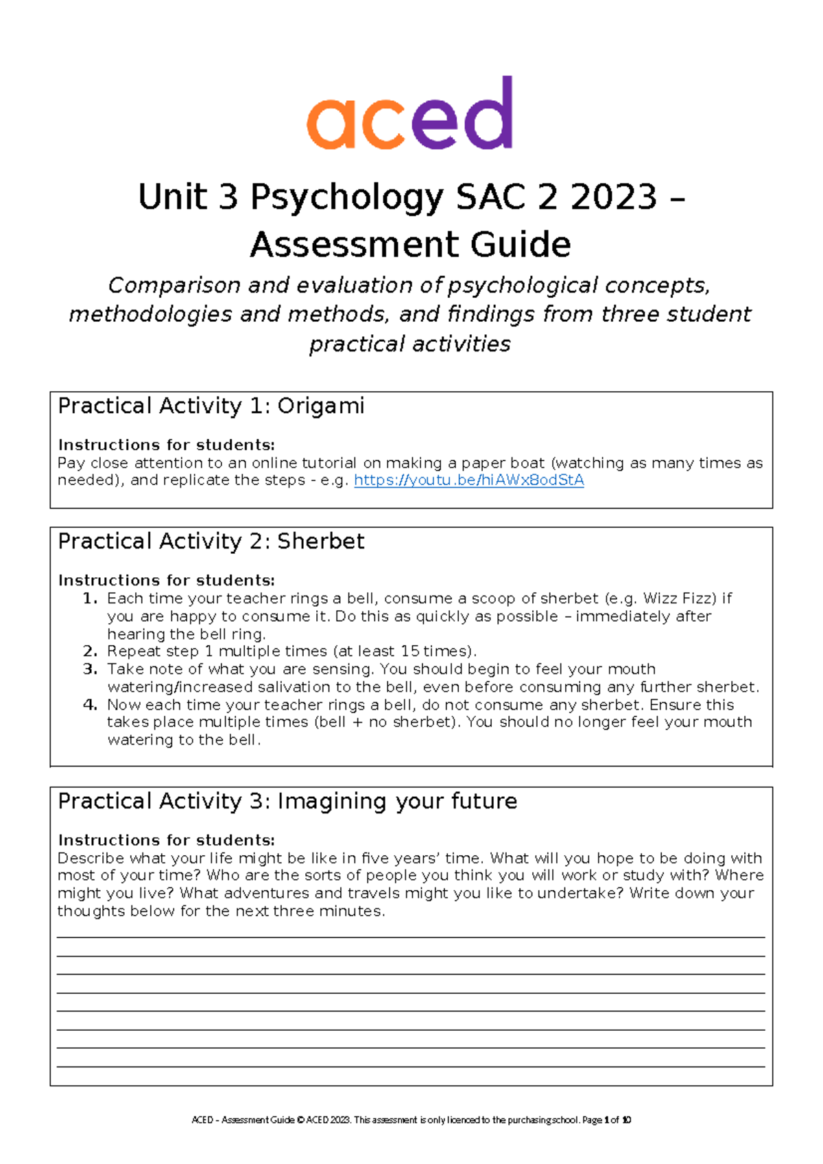 ACED Unit 3 Psychology SAC 2 2023 - Practical Activities & Learning ...