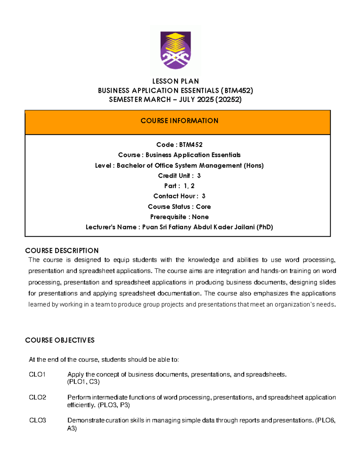 BTM452 Lesson Plan: Business Application Essentials (Mar-Jul 2025 ...