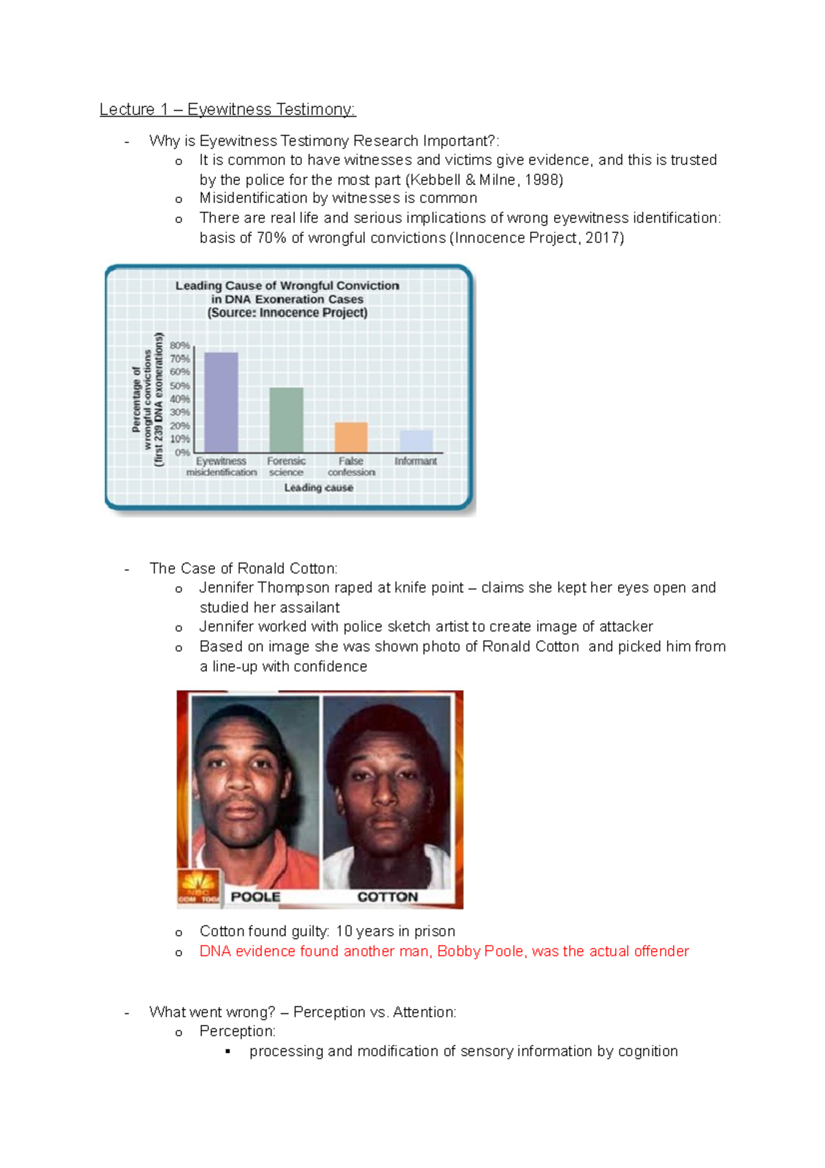 Eyewitness Testimony - Attention: o Perception: processing and ...