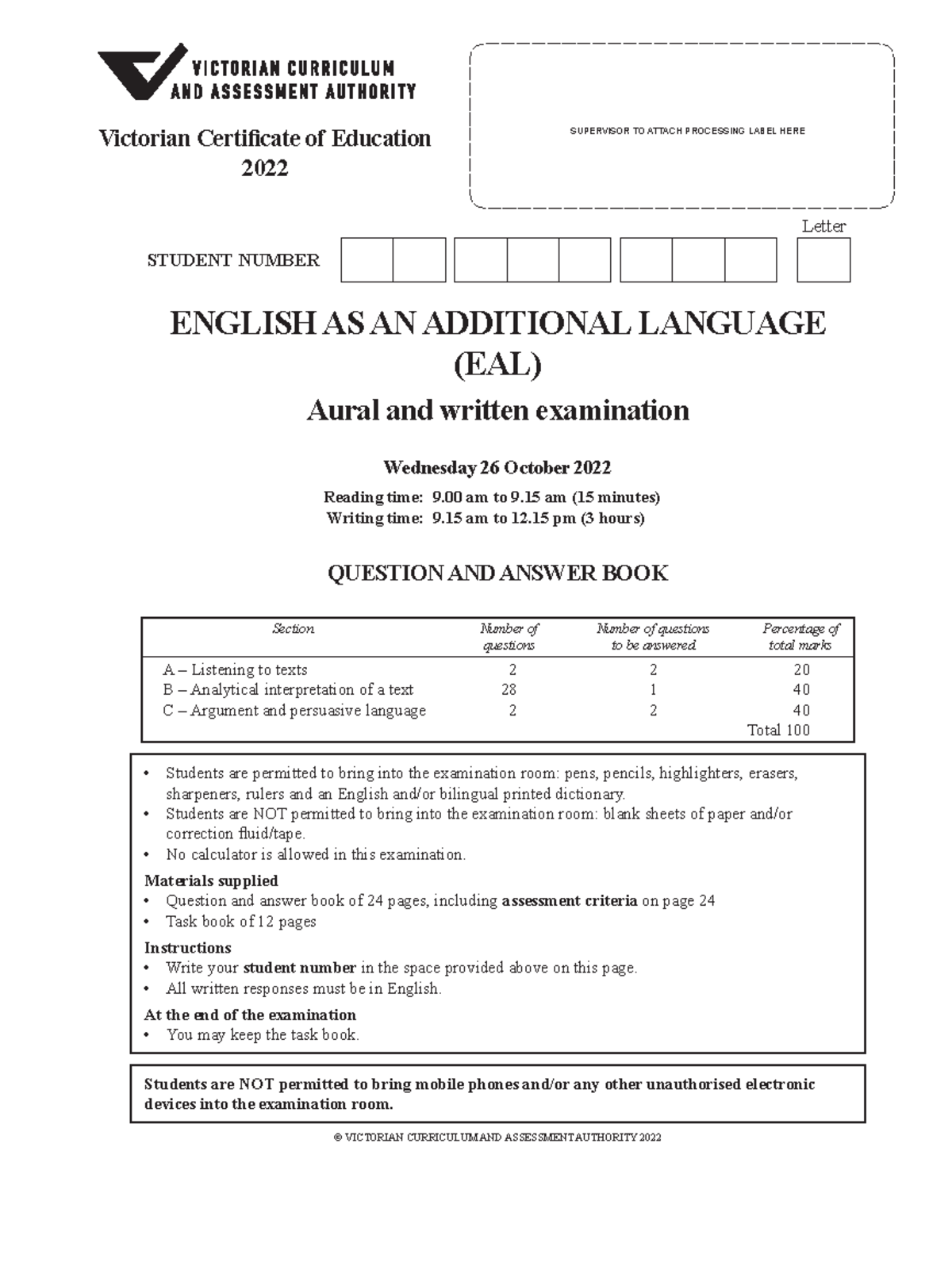 2022EAL VCAA - EAL Practice Exam Guidelines and Marking Structure - Studocu